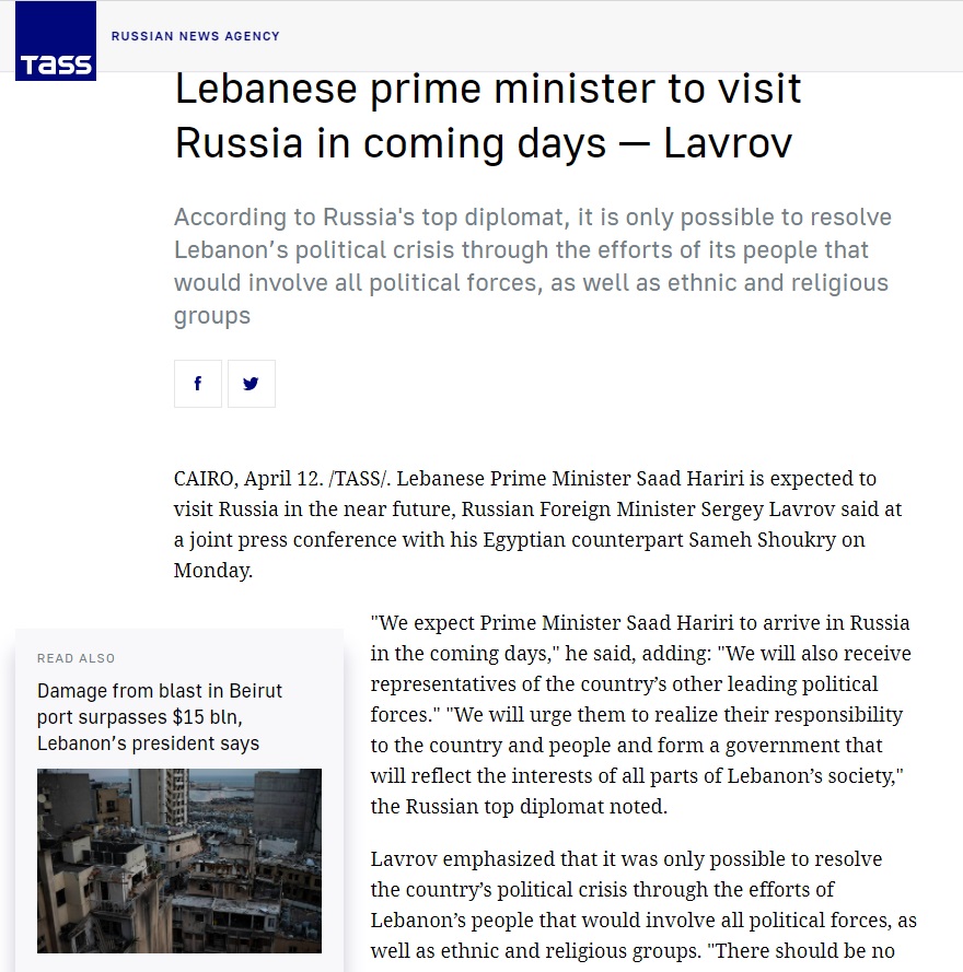 Russia’s Turn to Solving the Political Problem in Lebanon
